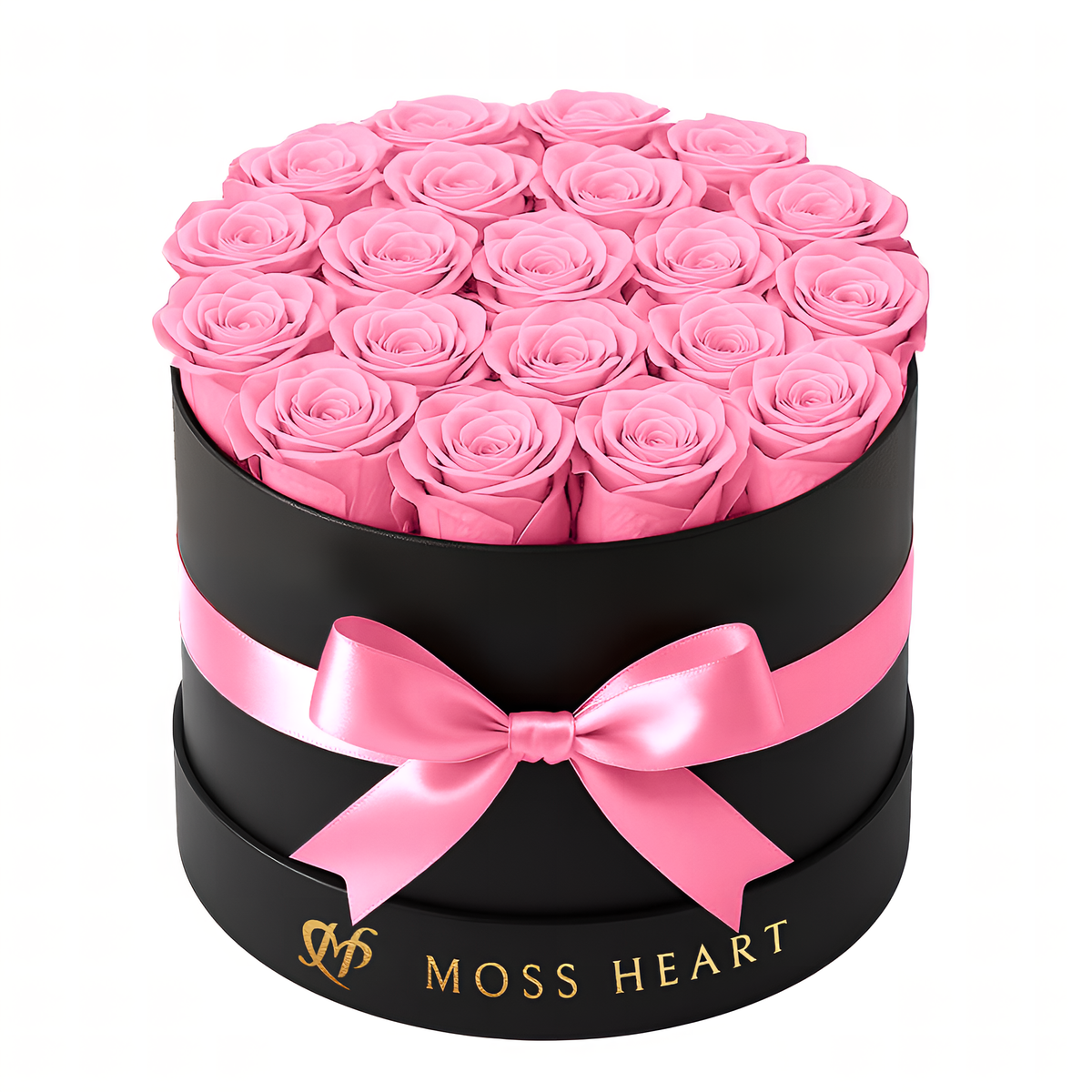 20 Pink Preserved Forever Roses in Round Box – Moss Heart